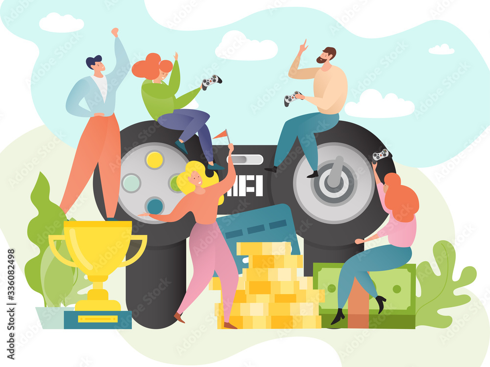 Gamer play video game, cyber sport vector illustration. People with ...