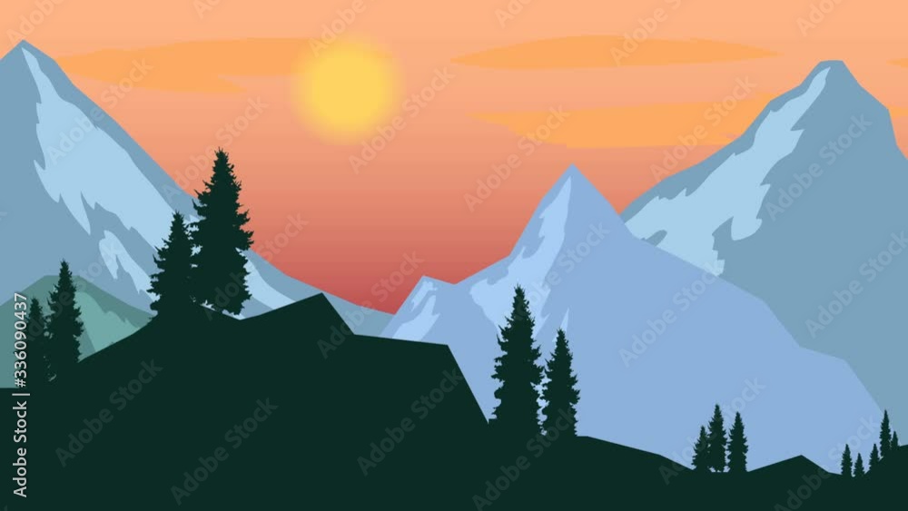 Animated cartoon background. Looped animation of mountain landscape ...