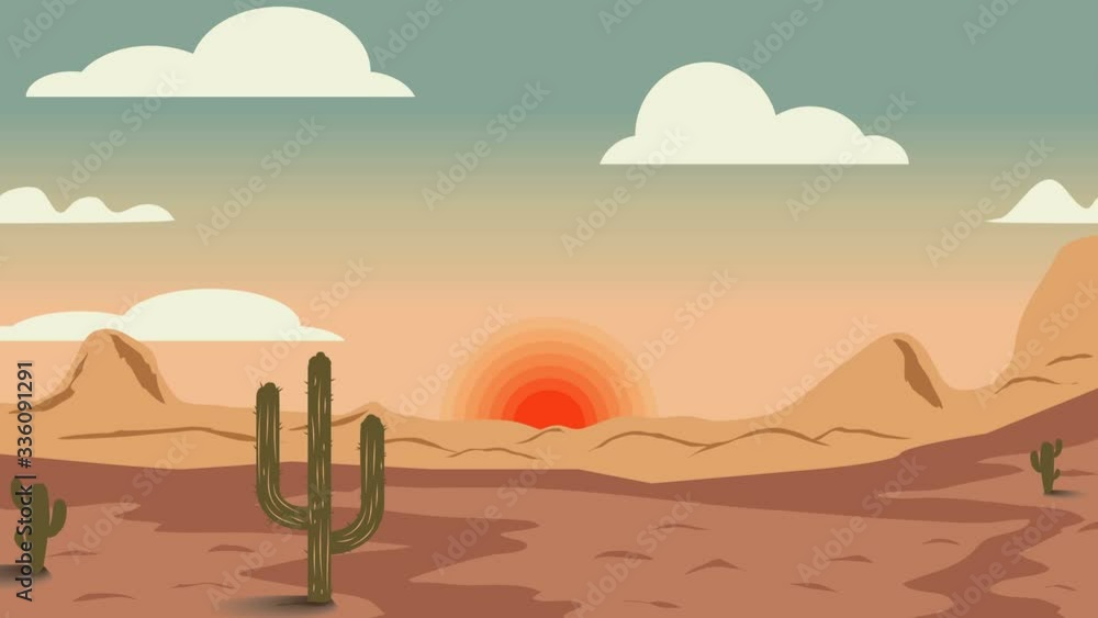 Animated cartoon background. Looped animation of desert landscape with ...