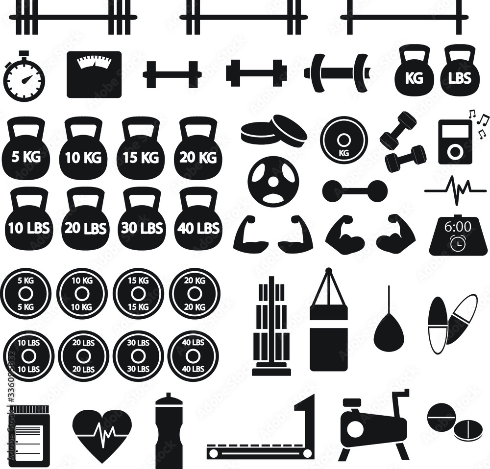 Gym workout vector icon set, weights, barbell, dumbbell, punching bag ...