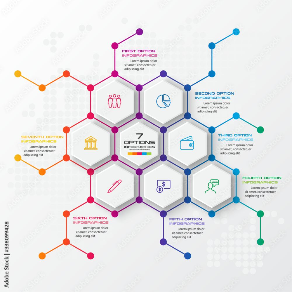Abstract business infographics template with 7 hexagon in white color ...