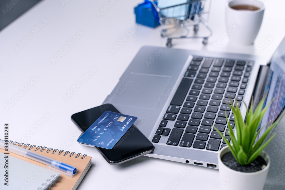 Online paying shopping, electronic payment with credit card, smart ...