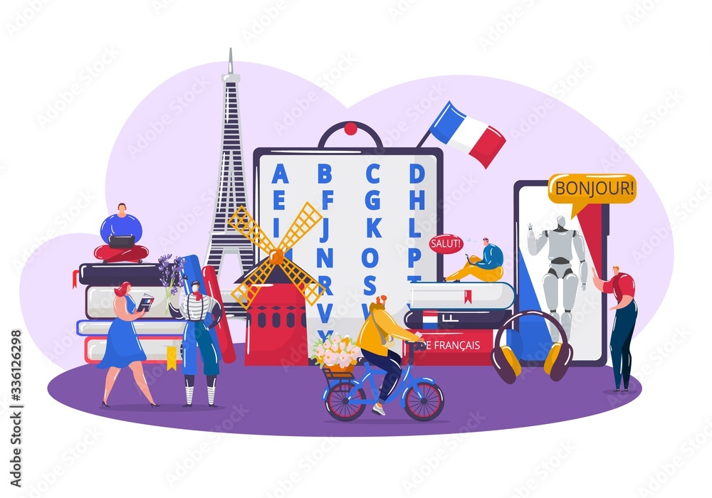 Learning French language vector illustration. Cartoon flat tiny student ...