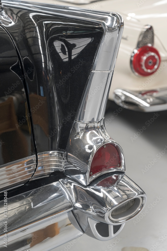 chrome plated fin, rear lights and bumper of vintage 50's car, Wanaka ...