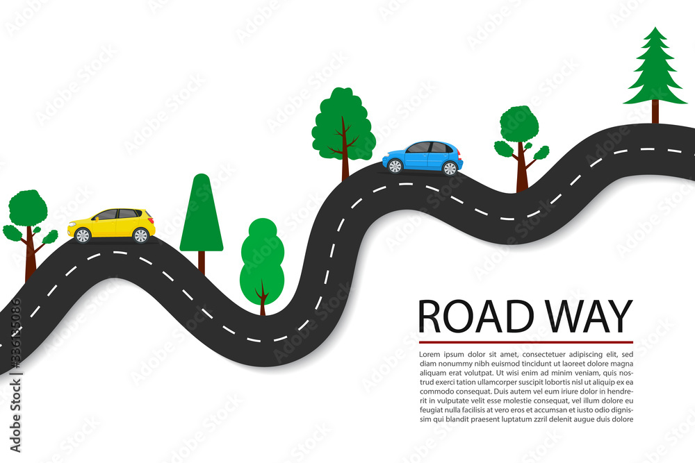 Vector flat road path with car, trees for journey. Asphalt highway line ...