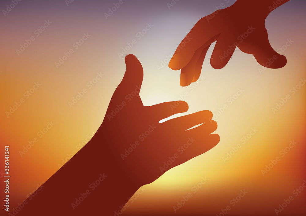 Concept de l’entraide avec deux mains qui se tendent l’une vers l’autre ...