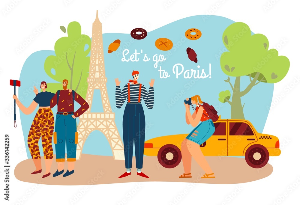 Tourism travel to Paris, frenchman mime with Eifel towel and tourists ...