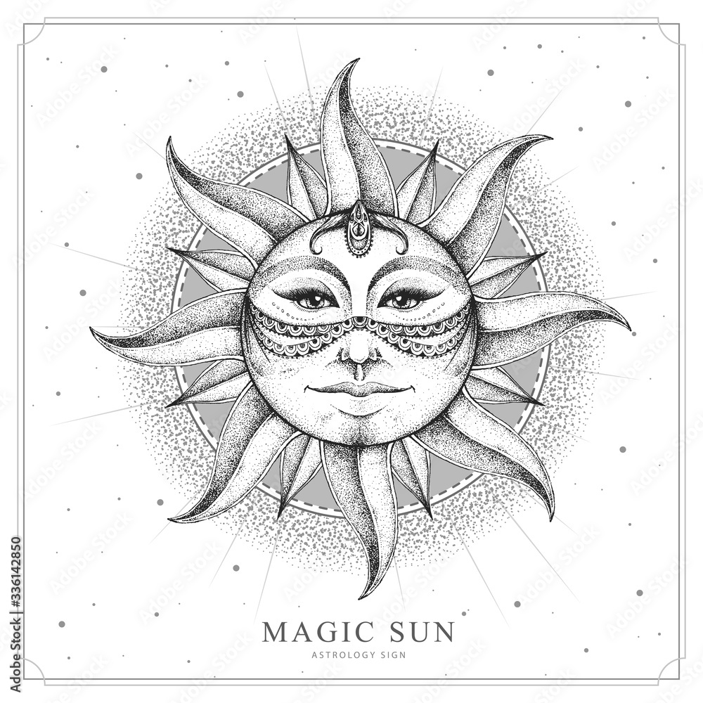 Modern magic witchcraft card with astrology sun sign with human face ...