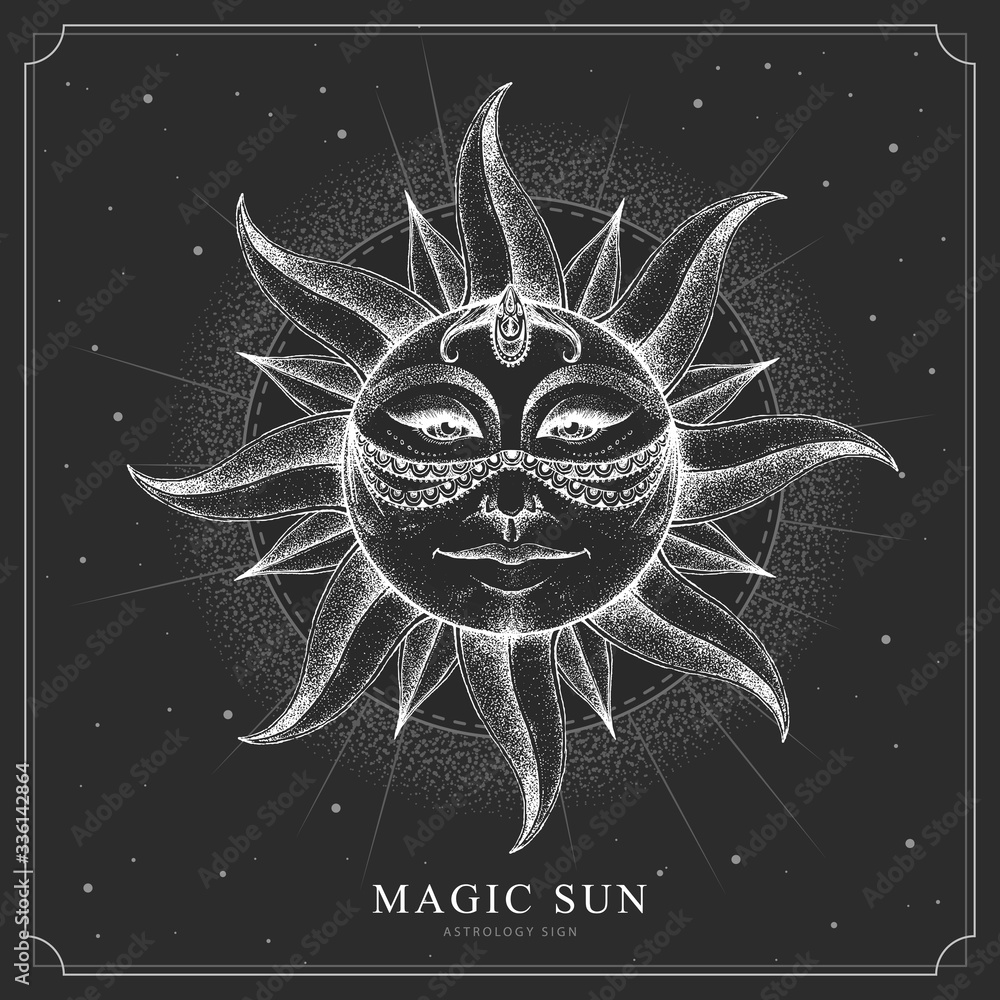 Modern magic witchcraft card with astrology sun sign with human face ...