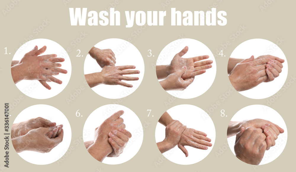 Steps of washing hands effectively. Collage with man on beige ...