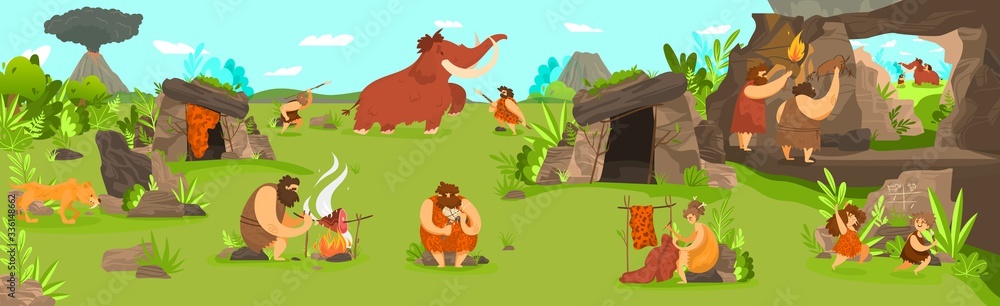Prehistoric people life in primitive tribe settlement, men hunting ...