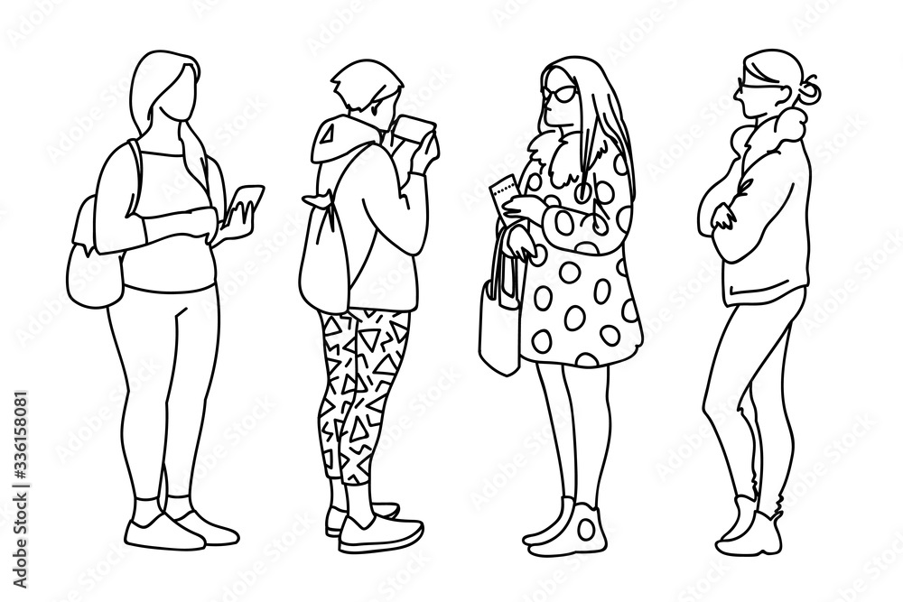 Women standing in different poses. Sketch. Vector illustration of ...