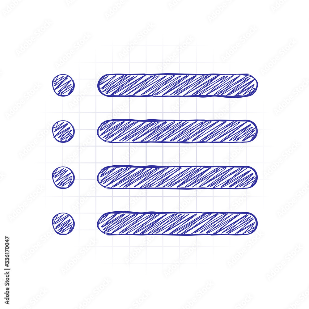 Simple list menu icon. Hand drawn sketched picture with scribble fill. Blue ink. Doodle on white ...