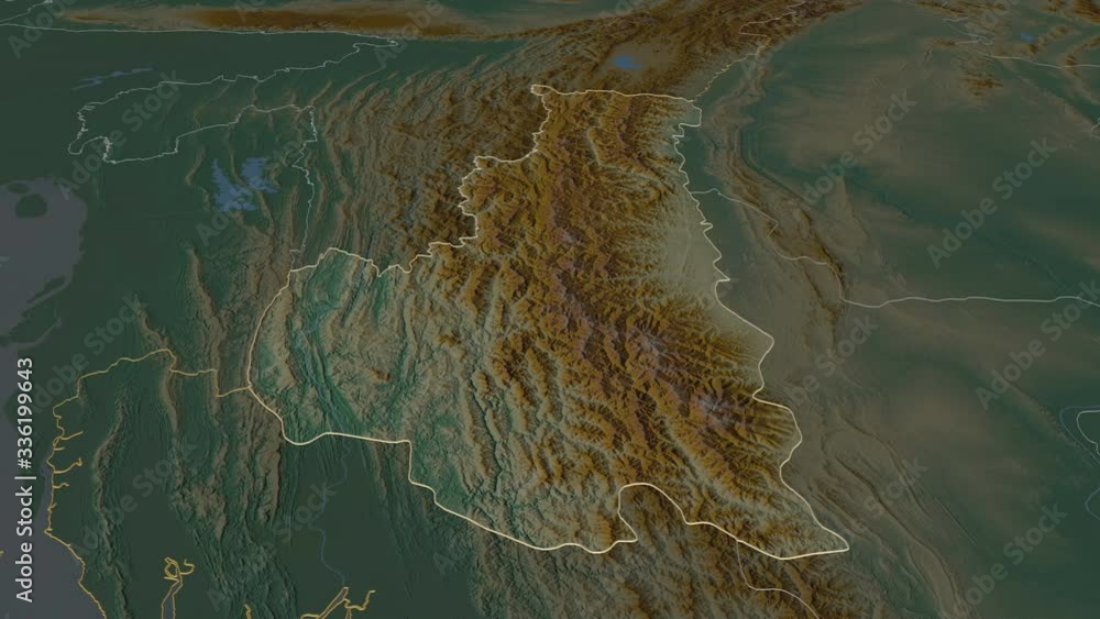 Chin, state with its capital, zoomed and extruded on the relief map of ...