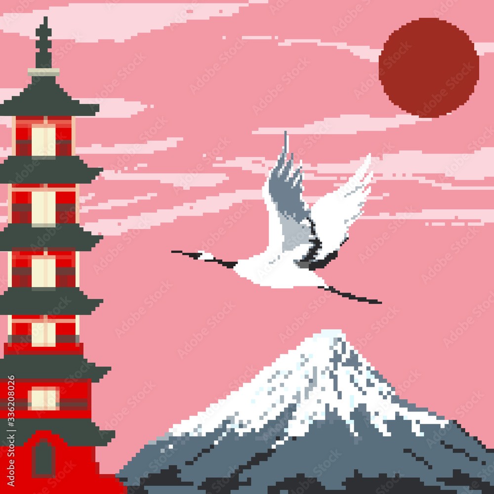 Pixel Fuji mountain at sunset and the red sun, crane and Japan pagoda ...