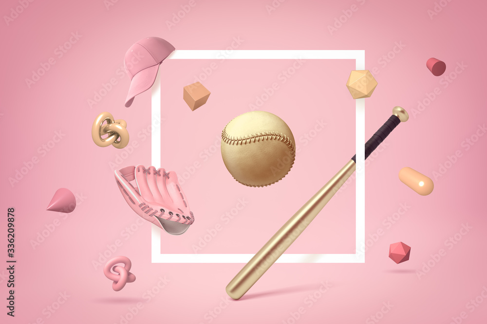 3d rendering of golden baseball and bat in flat white frame on pastel ...