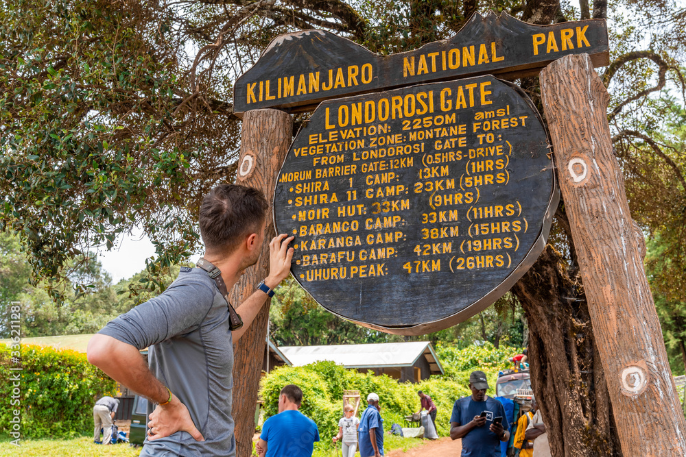 Sign for the Londorossi Gate on the Lemosho route Stock Photo | Adobe Stock