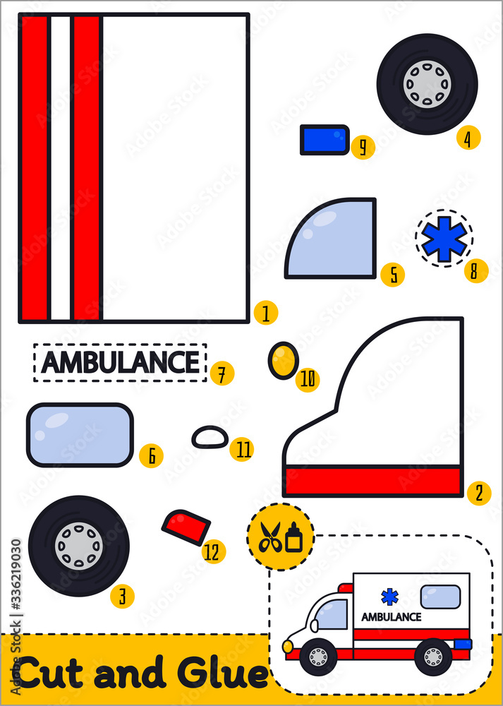 Cut and Glue Worksheet - Ambulance Stock Vector | Adobe Stock