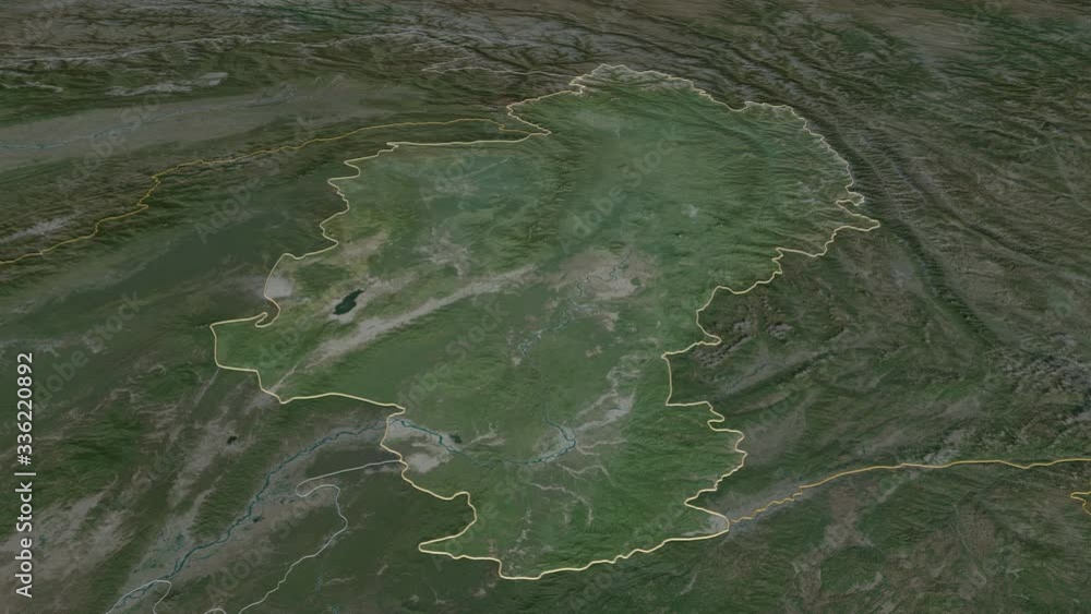 Kachin, state with its capital, zoomed and extruded on the satellite ...