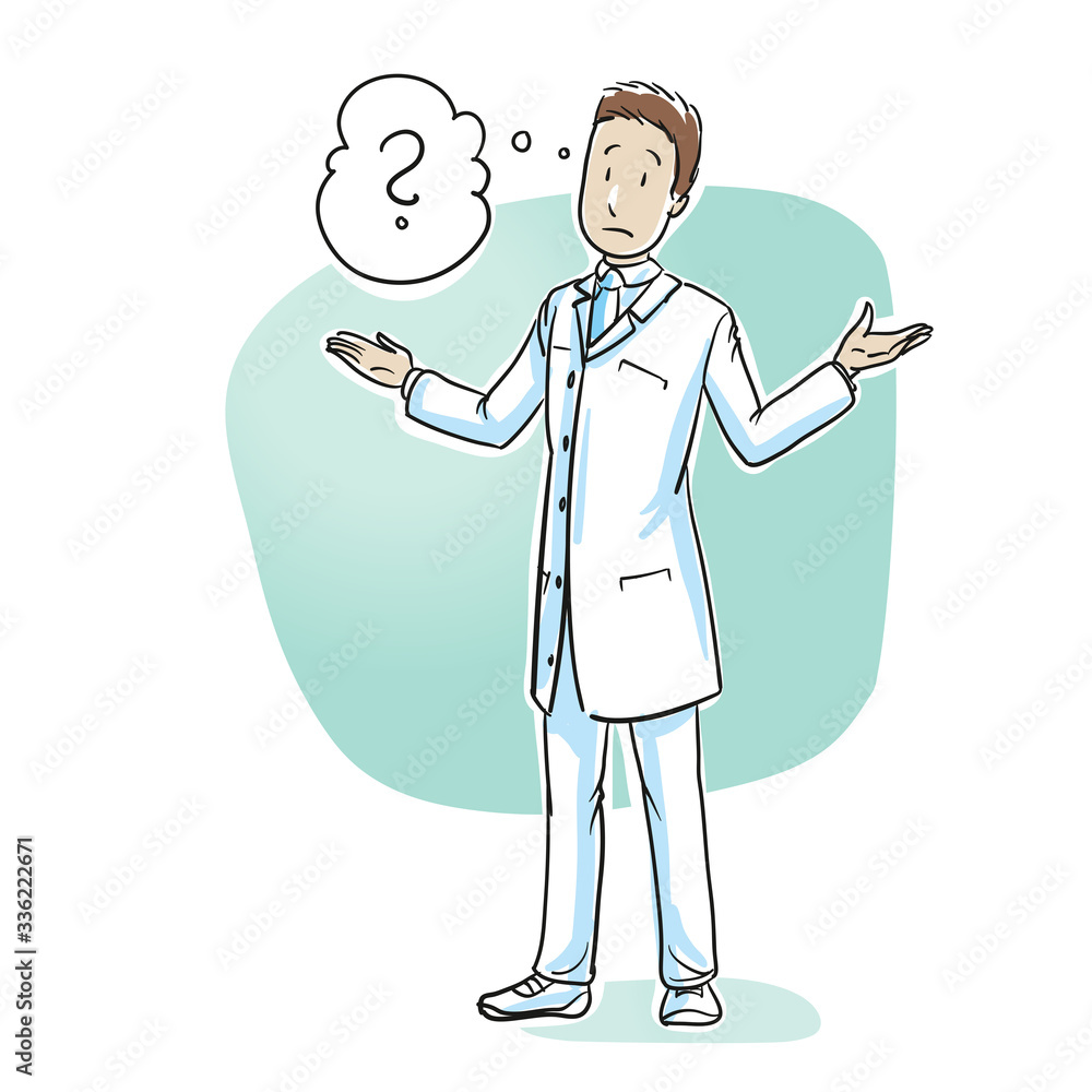 Scientist or pharmacist with helpless, confused gesture and question ...