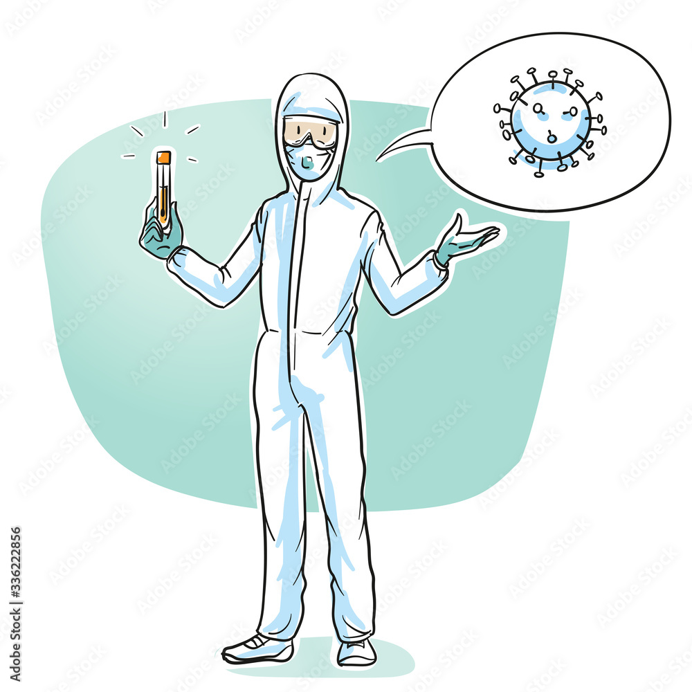 Scientist or doctor with corona test tube and anti-epidemic suit. Hand ...