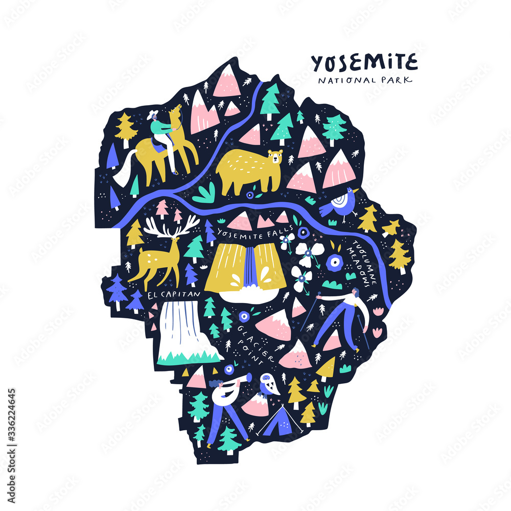 Yosemite national park map flat vector illustration. Famous tourist ...