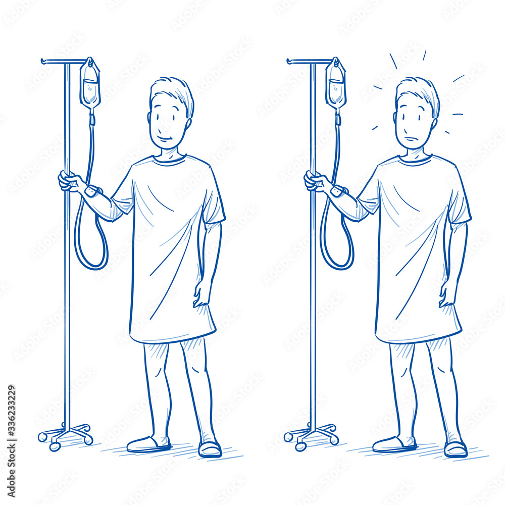 Patient, man, with hospital gown and drip looking happy and concerned ...