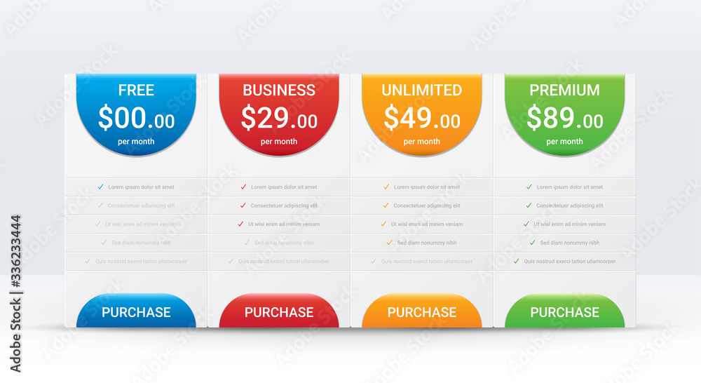 Price comparison table layout template for four products, vector ...