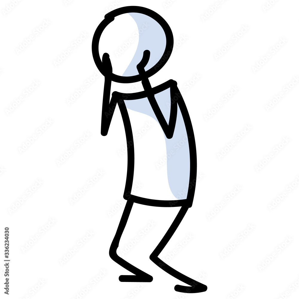 Cute stick figure with head in hands emotion lineart icon. fear mood ...