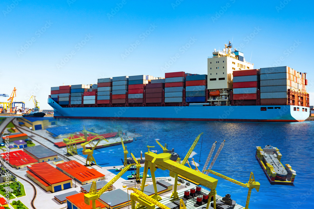 Cargo port near the ferry. Concept - the loaded ferry arrived at the ...