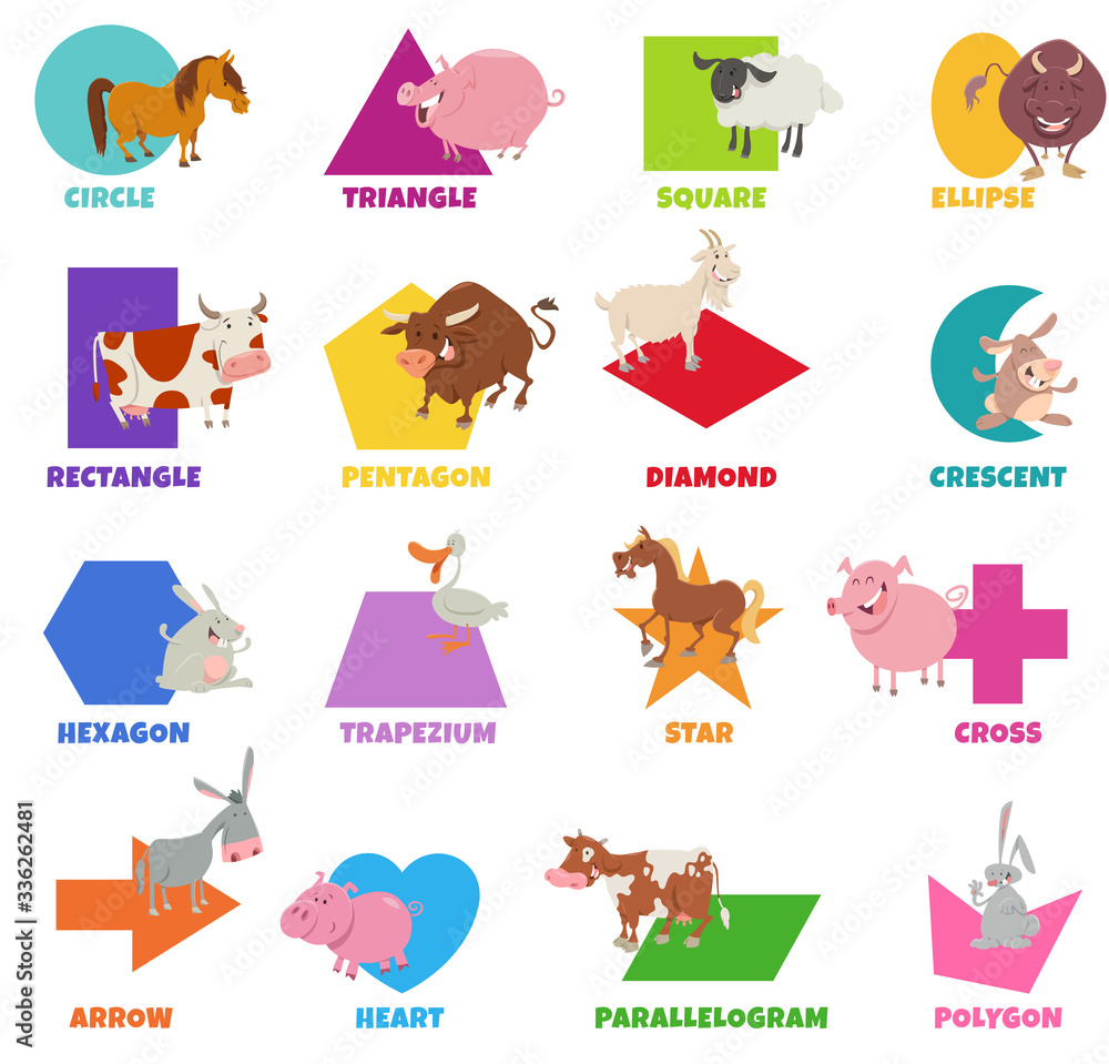 geometric shapes with cartoon farm animals set Stock Vector | Adobe Stock