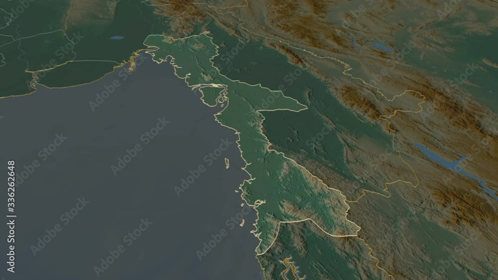Mon, state with its capital, zoomed and extruded on the relief map of ...