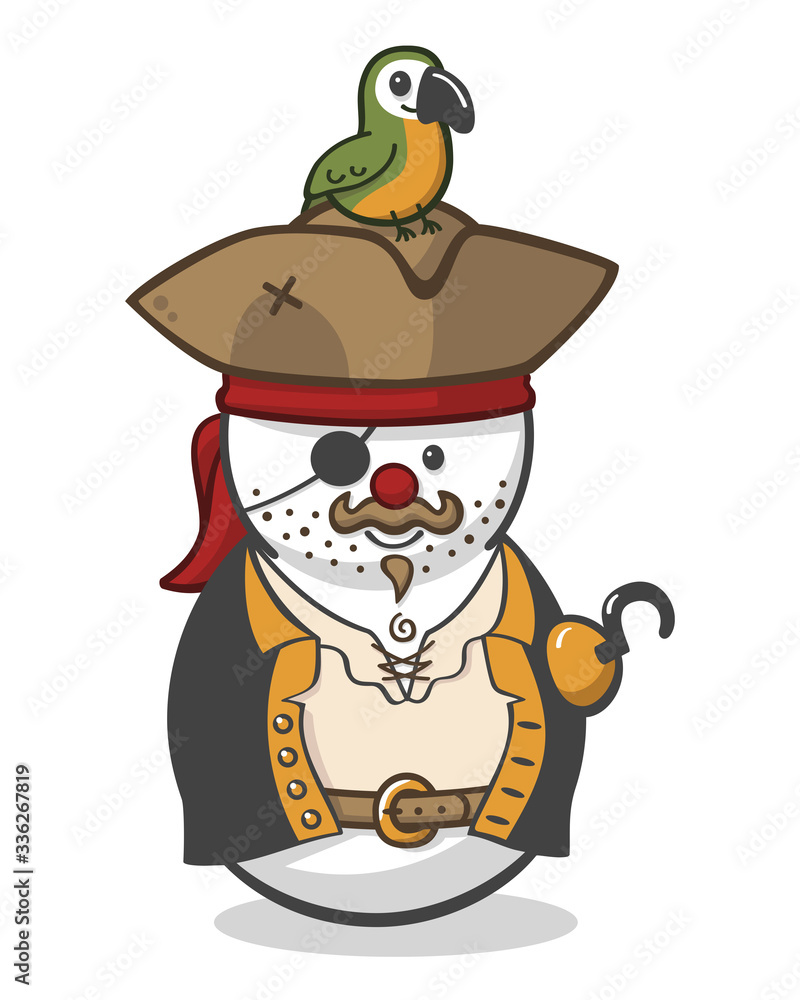 Vector pirate snowman with a leather tricorn, a red headscarf, a green ...