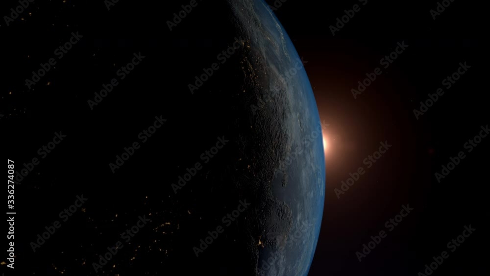 3D render of Planet Earth sunrise in space. Our beautiful globe waking ...