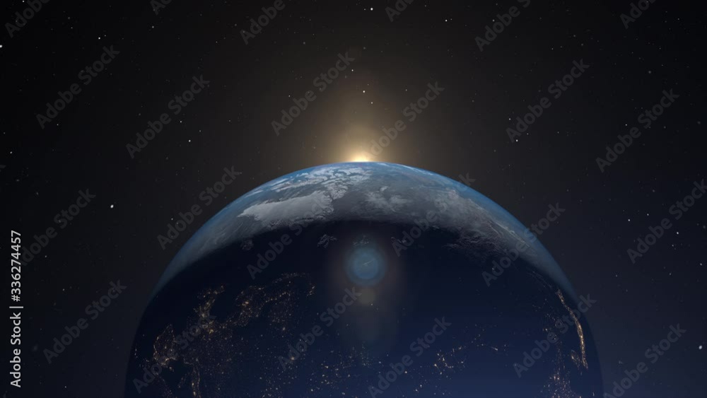 Beautiful realistic sunrise of planet earth from space. Globe rotating ...