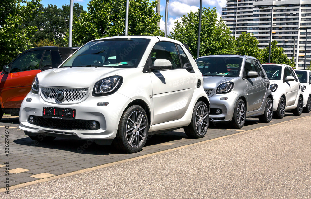 Nurnberg, Germany: A Smart Fortwo car exhibited in front of the ...