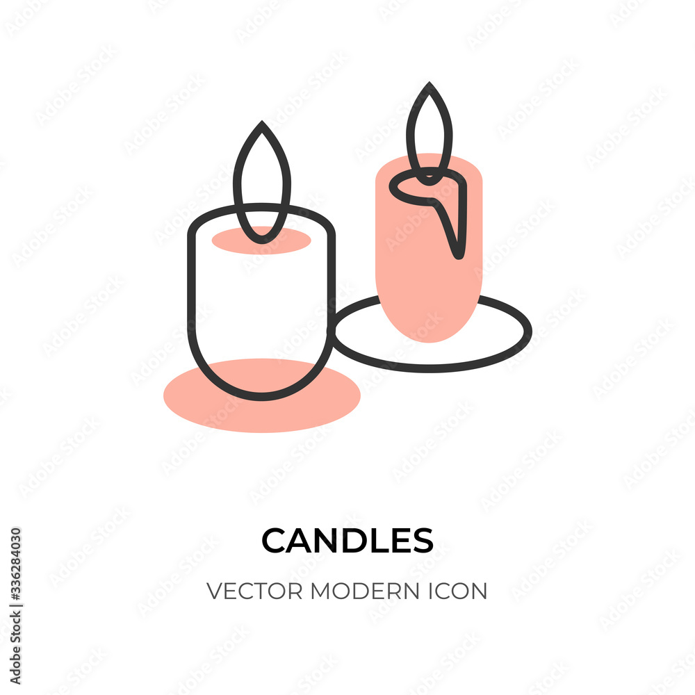 Candle flat line icon. Logo contour closeup two candles, wax fire sign ...