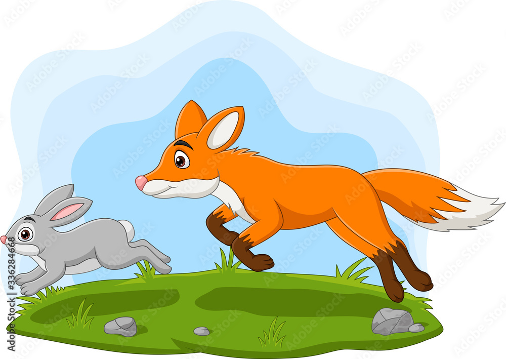 Cartoon rabbit chased by fox in the forest Stock Vector | Adobe Stock