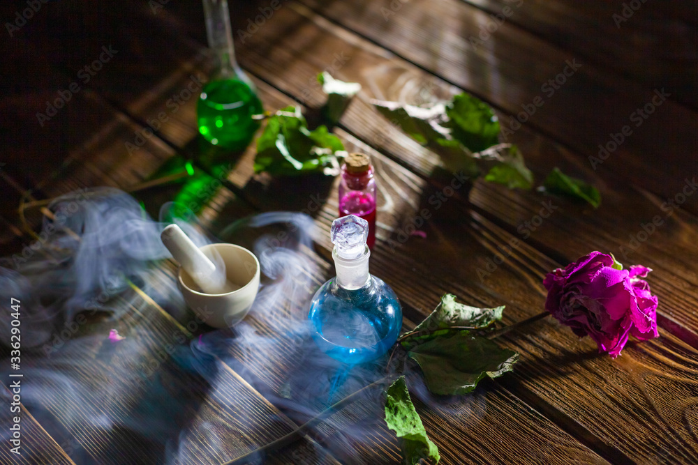 Witchcraft. Witch doctor desk table. Magic potion. ALternative medicine ...