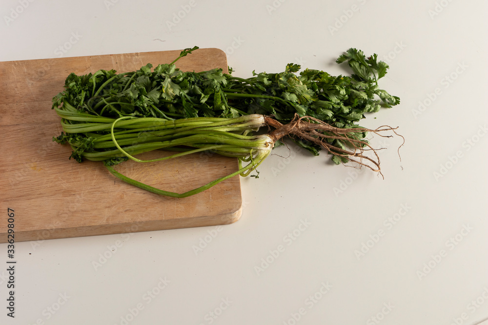 Cilantro en mesa de cocina para preparar comida casera con tabla de ...