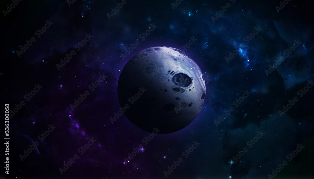 abstract space illustration, 3d image, purple moon in space and shining ...