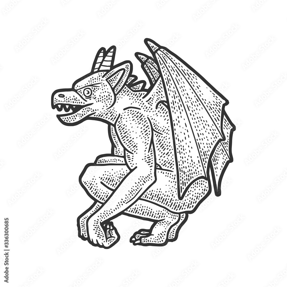 Gargoyle statue sketch engraving vector illustration. T-shirt apparel ...