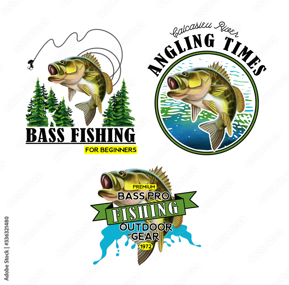 Bass Fishing Emblems. Largemouth Bass Fish Illustration. ilustración de ...