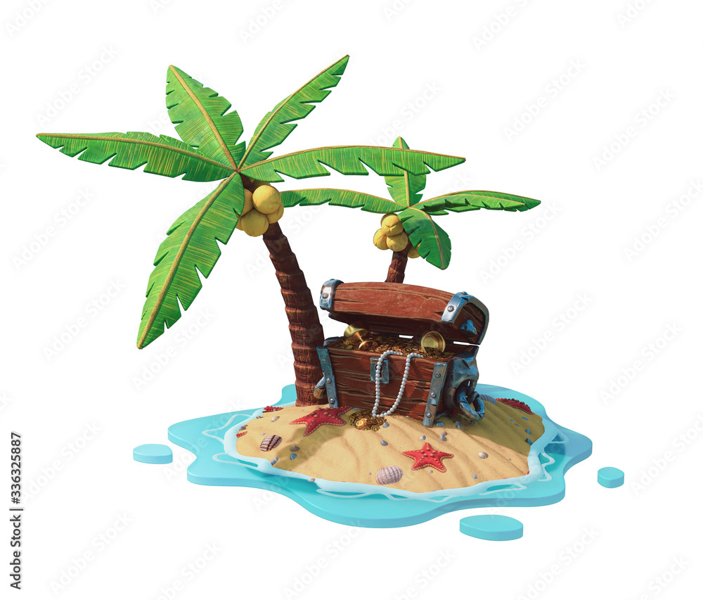 Opened wooden chest standing under palm trees on sand, sea shells ...