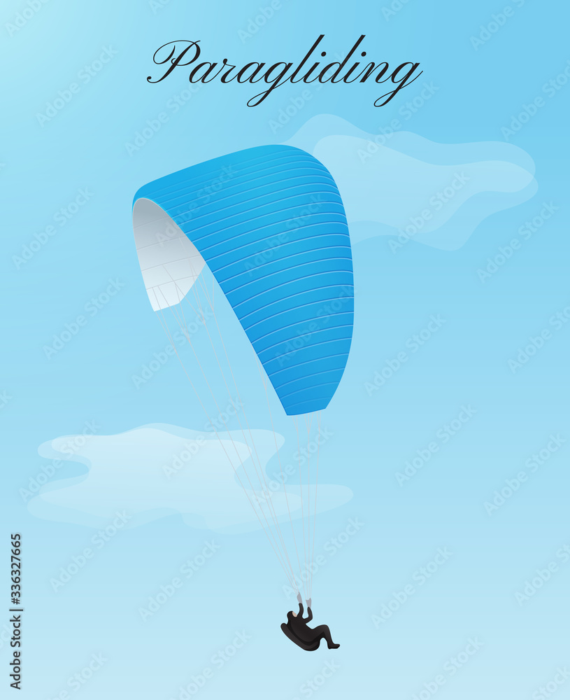 Flying paraglider in sky with clouds. Blue parachute with man free ...