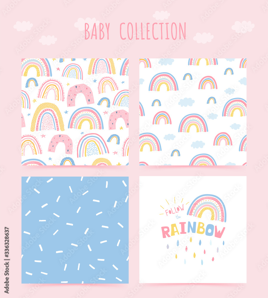 Cute baby collection seamless pattern with rainbow and lettering poster ...