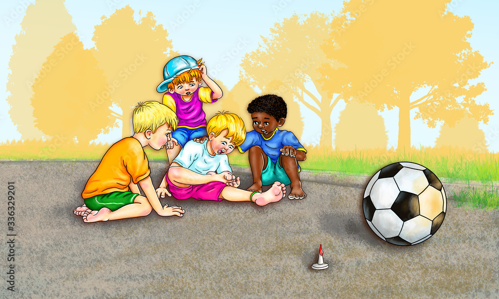 Stock-illustrationen Jungs spielen im Sommer im Park barfuß Fußball ...