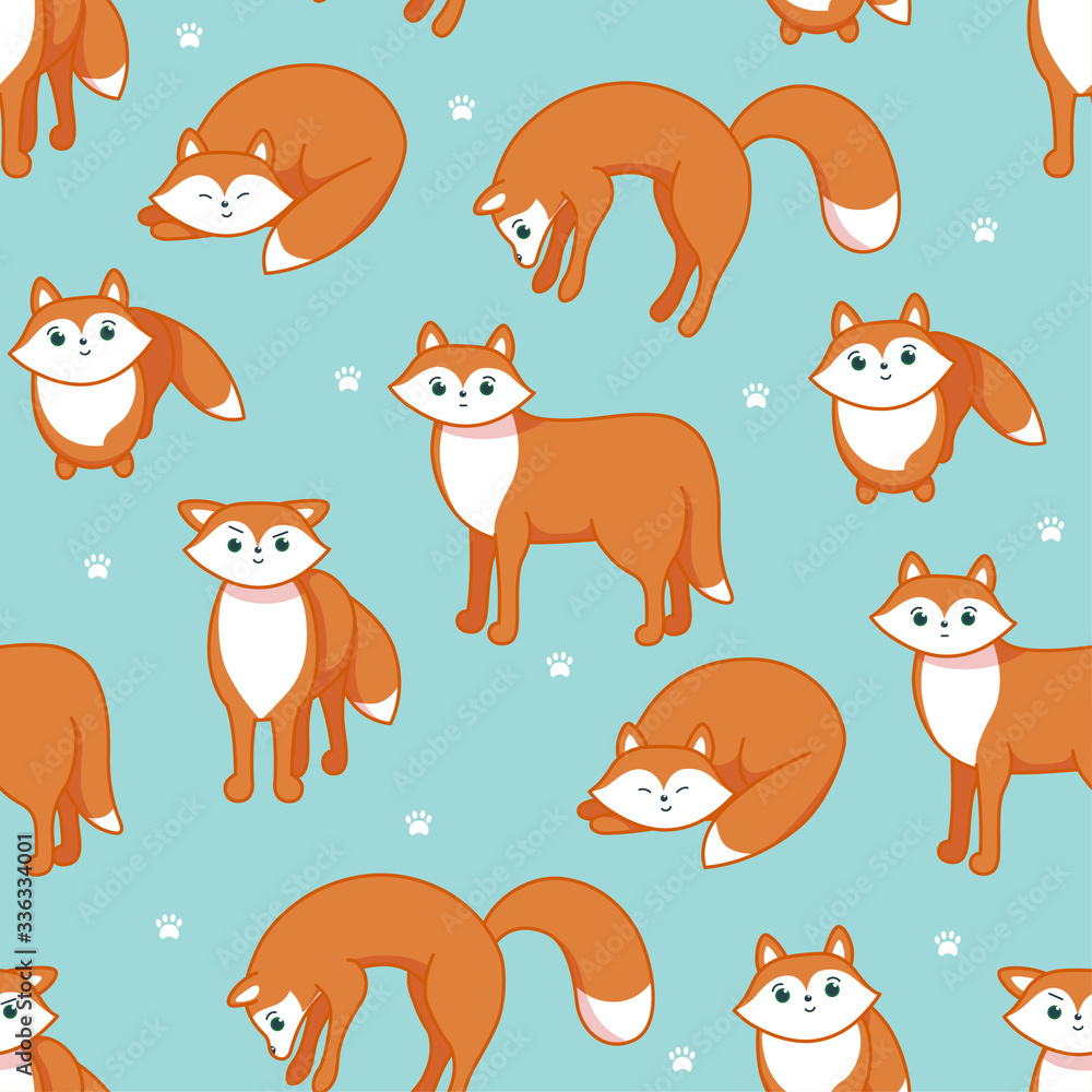 Animal seamless pattern . Red fox on blue bakground. Pattern for ...