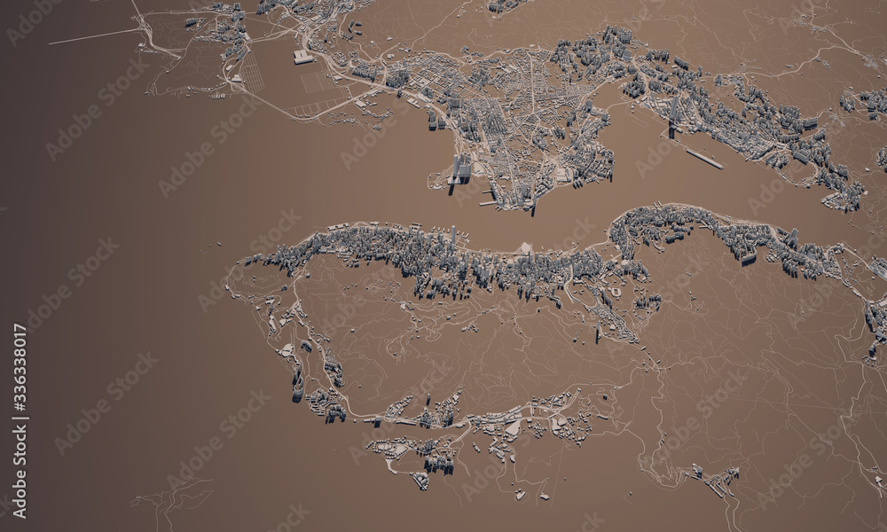 Hong Kong city map 3D Rendering. Aerial satellite view. Stock ...