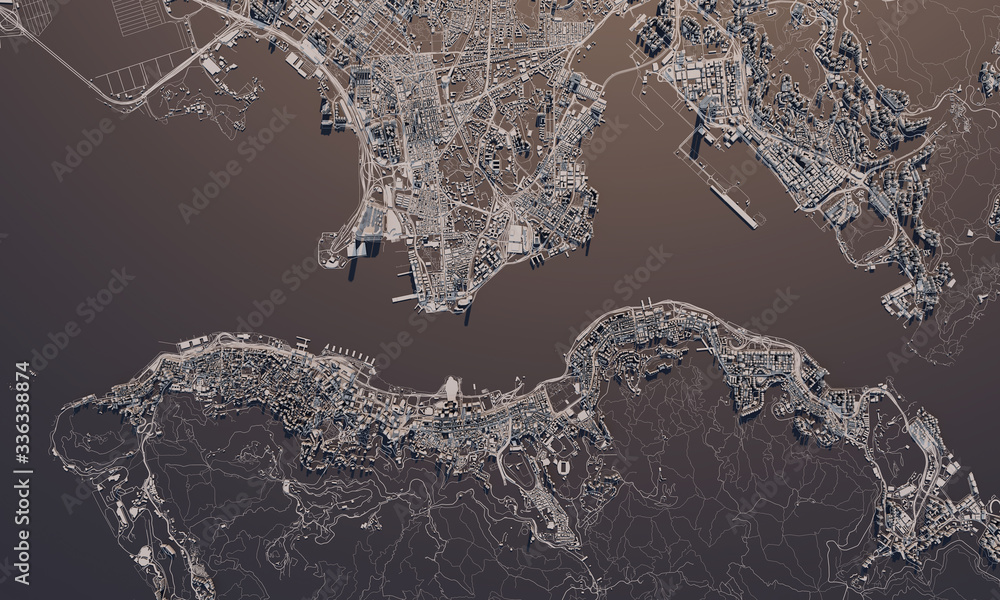 Hong Kong city map 3D Rendering. Aerial satellite view. Stock ...